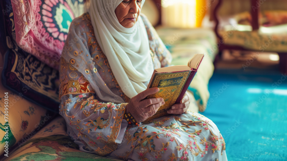 Elderly woman reading Quran and sebha (prayer beads) on Eid while ...