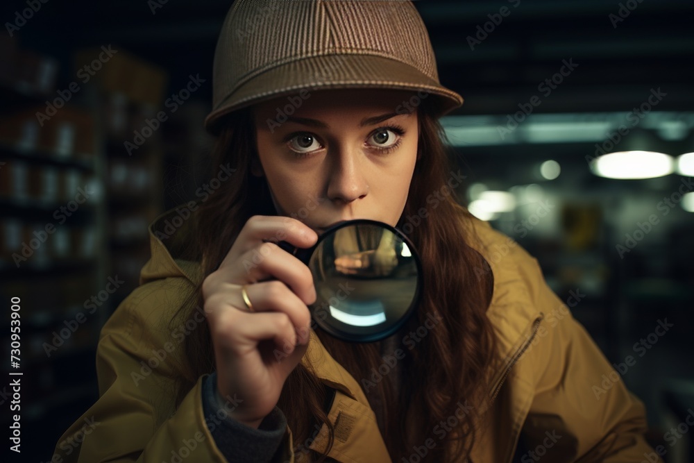 Woman Female detective, clad in classic investigator attire ...