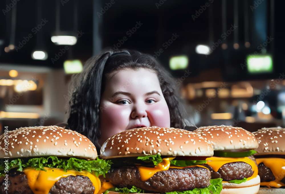 Fat girl eating hamburger in fast food restaurant. A girl with an obese ...