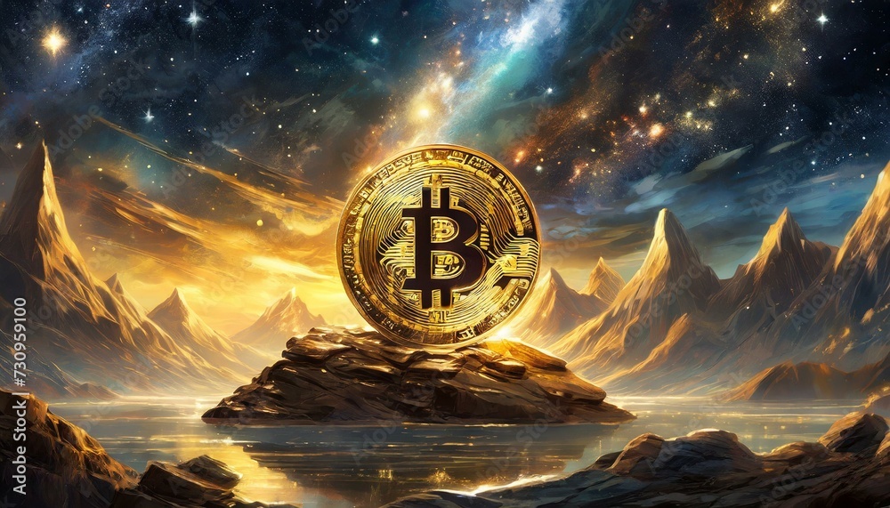 shining golden bitcoin, epic nature background with colorful sky ...