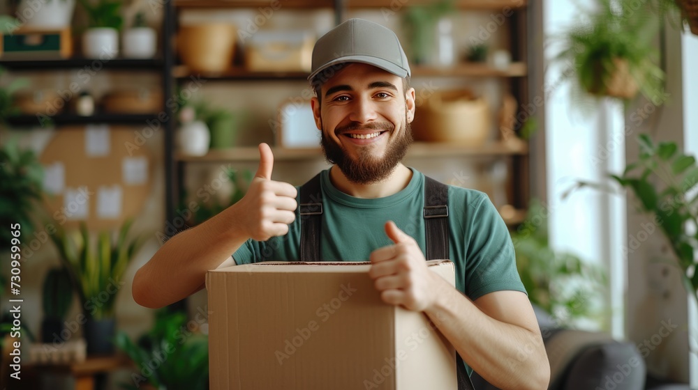 Delivery Man Giving Thumbs Up, Friendly delivery man with a cap holding ...