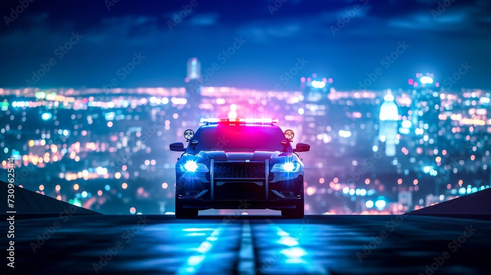 Amidst the dark night sky, a police car's flashing lights illuminate ...