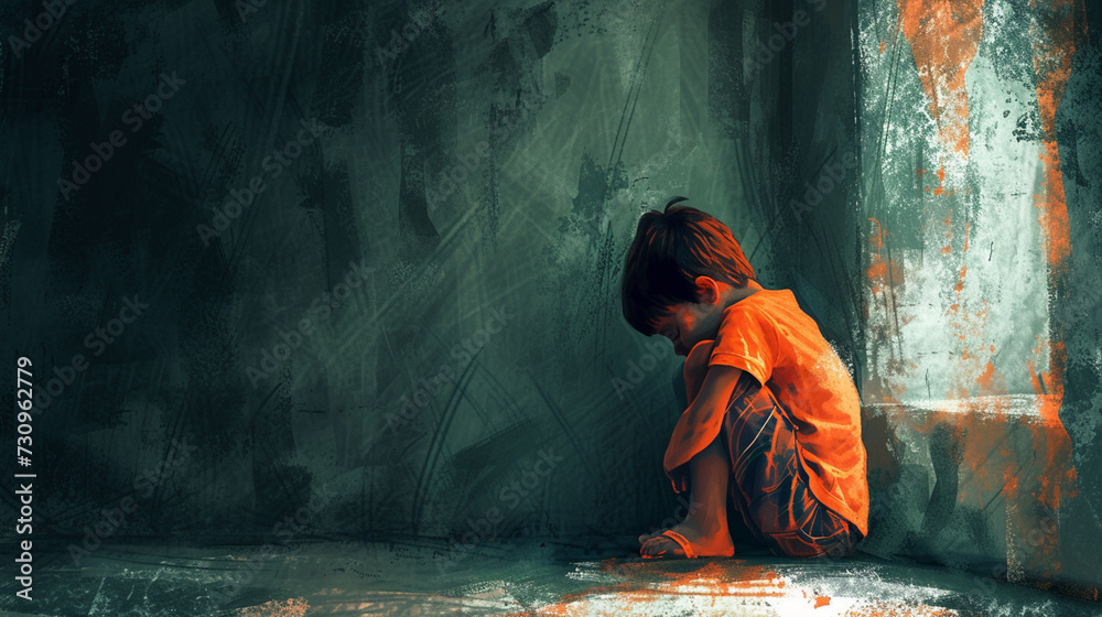 young boy, sitting alone and huddled in a corner at school, his face ...