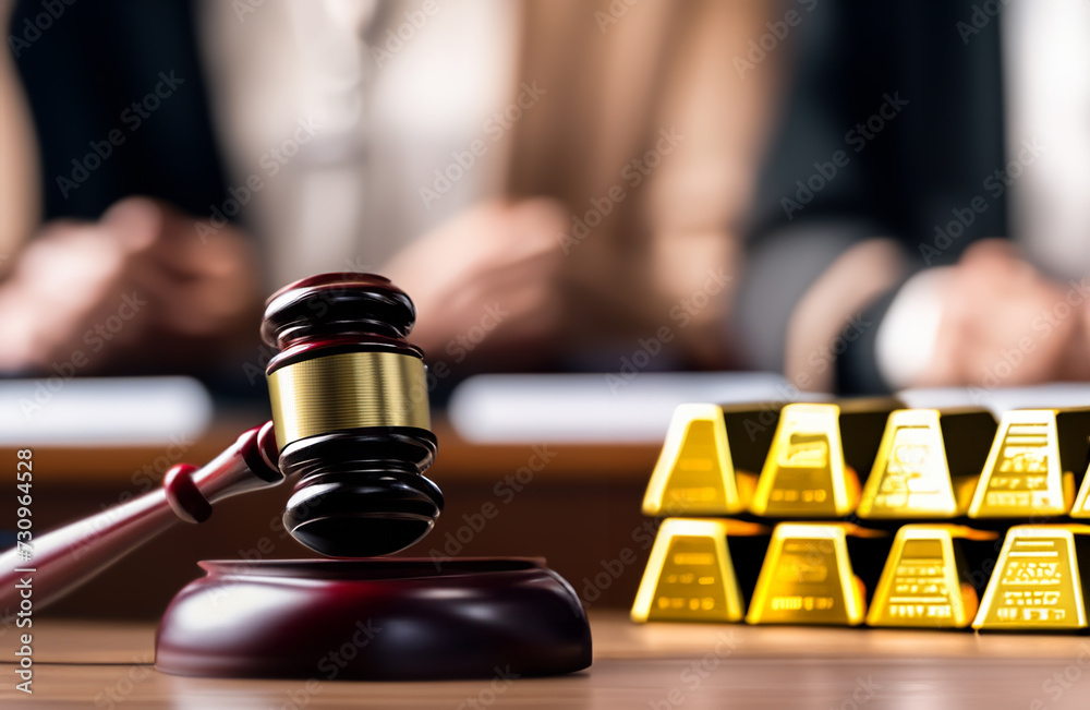 Mallet of judge with Golden bars. Judge hammer and Golden bar in ...