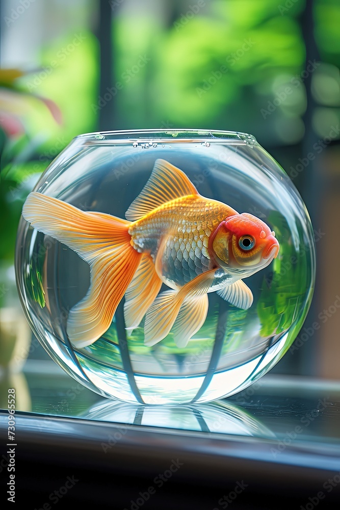 Single perfect oranda goldfish swimming in round aquarium. Close-up ...