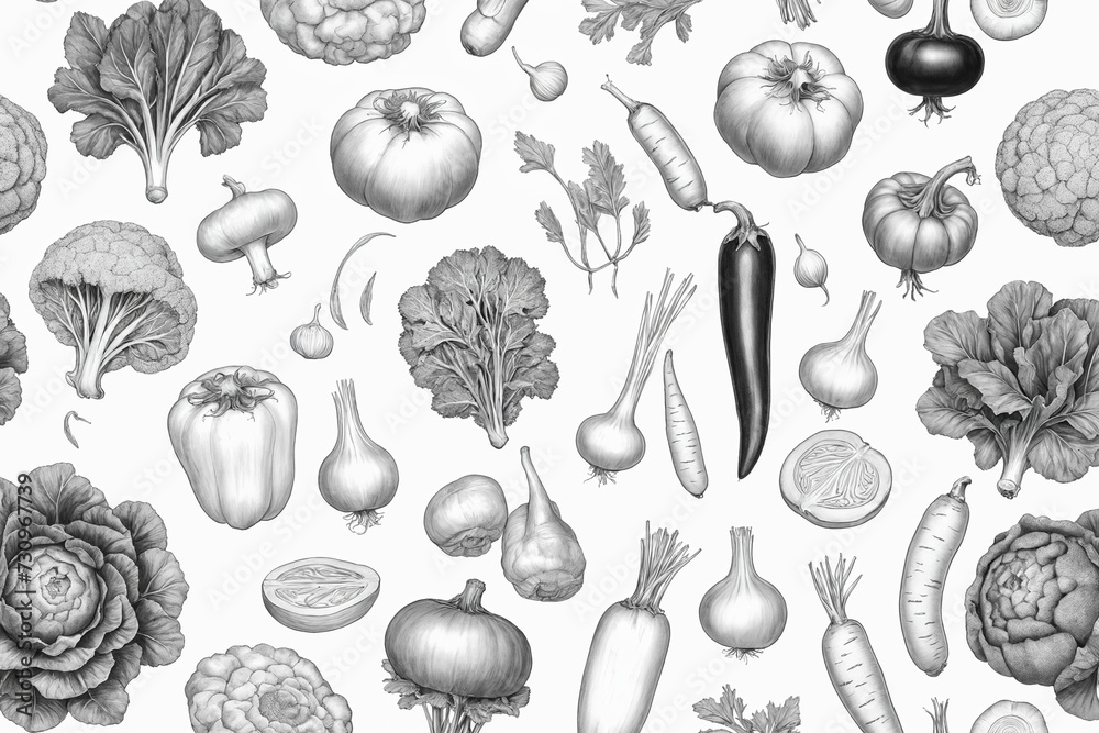Vegetable black and white illustration in hand drawn engraving style ...