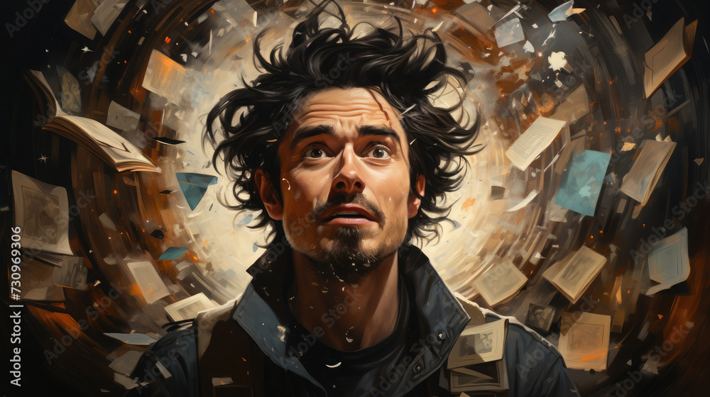 Surreal illustration, a man is bombarded with a lot of information ...