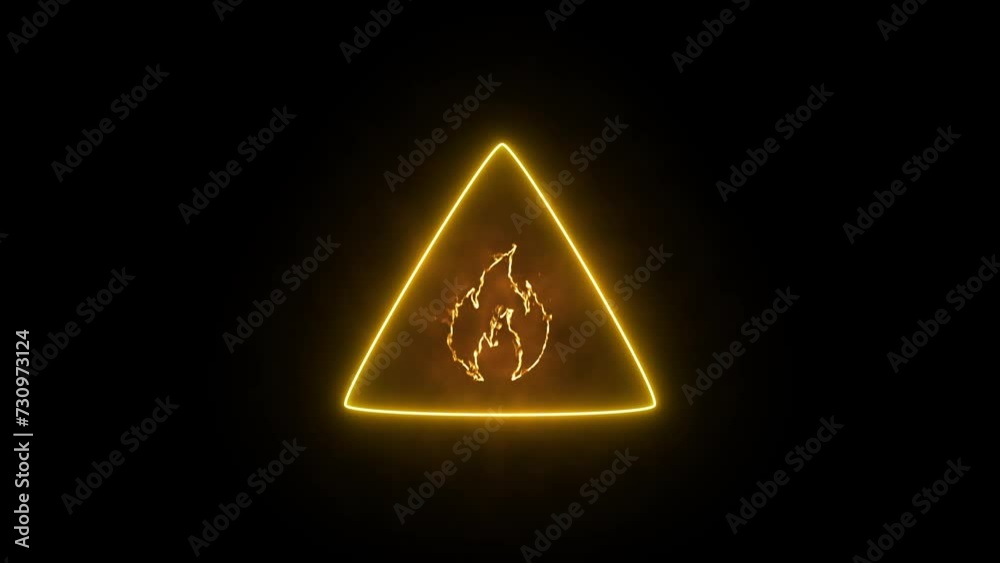 Loop animation of moving flames, yellow triangle fire warning sign ...
