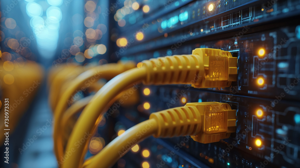 Internet LAN cable In a modern server room For storing and transmitting ...