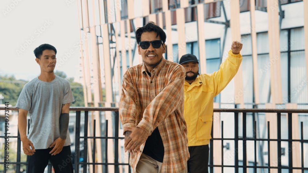 Hip hop team dance break dance while multicultural friend surrounded ...