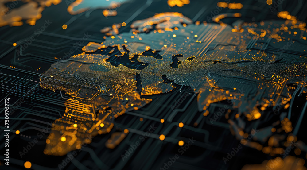 A glowing, orange digital world map overlays a dark, intricate circuit ...