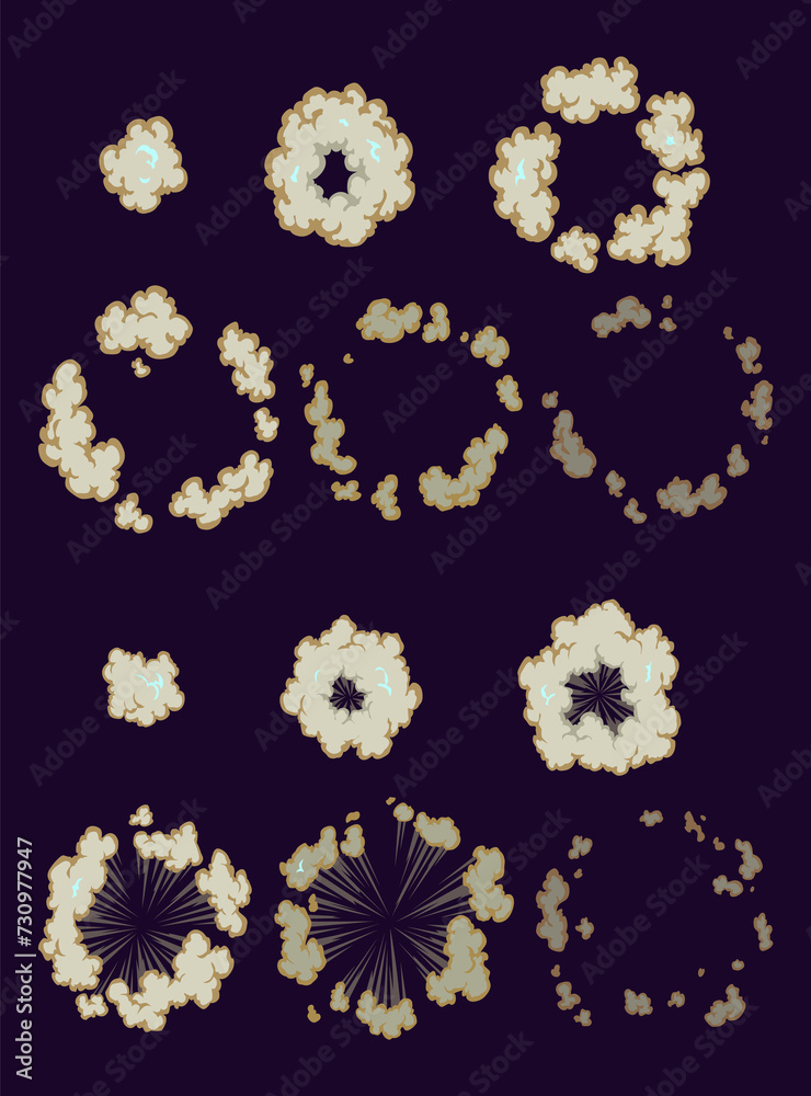 Explosion animation set. Cartoon burst effect of comic boom and bang ...