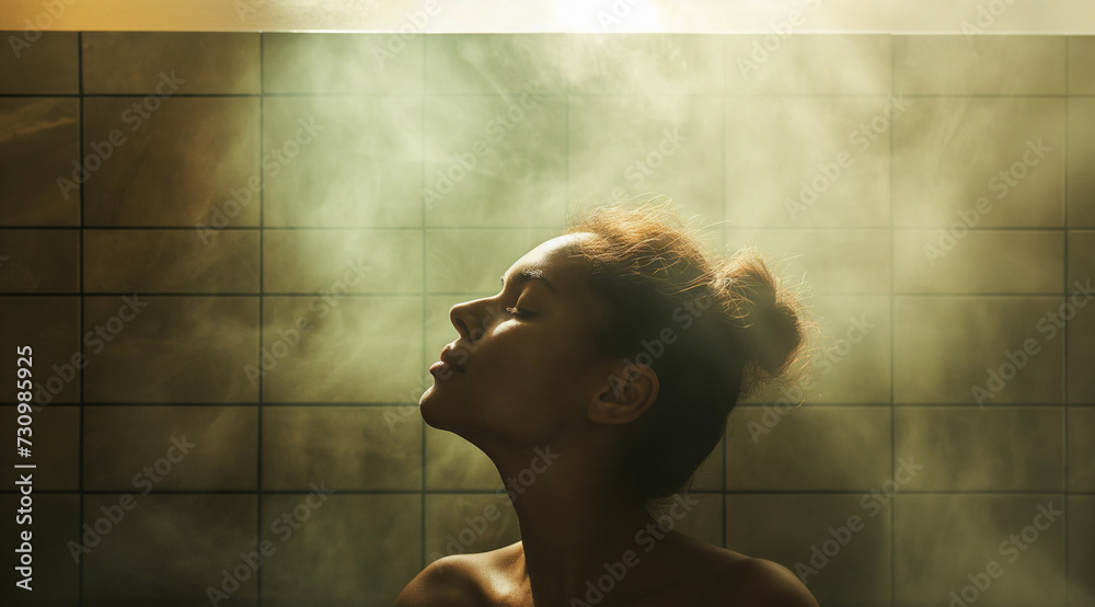 Lifestyle portrait of beautiful young black woman in steam room shower ...