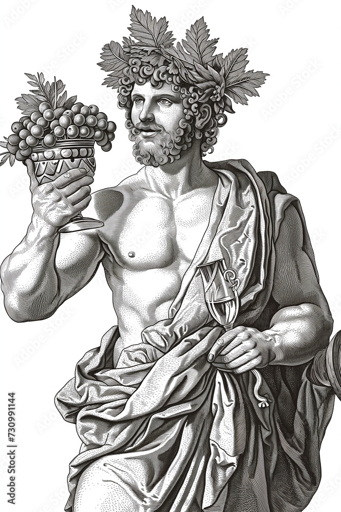 Engraved portrait of Bacchus the Roman god of wine who's father was ...