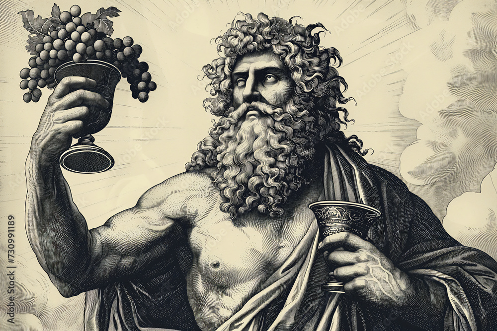 Engraved portrait of Bacchus the Roman god of wine who's father was ...