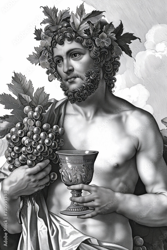 Engraved portrait of Bacchus the Roman god of wine who's father was ...