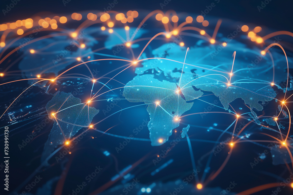 Global satellite communication showing big data being transmitted ...