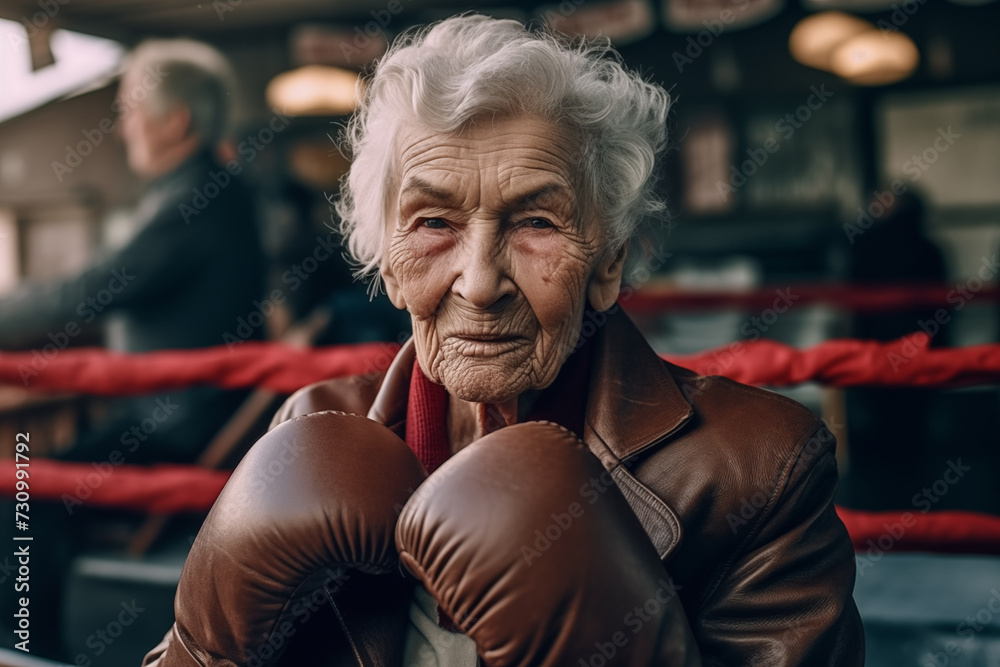 Old Woman in boxing gloves in fight. Grandmother boxer in boxing gloves ...