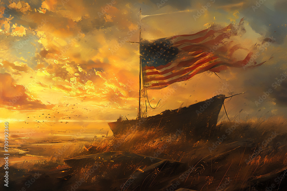 American rowing boat with a vintage distressed flag of the United ...