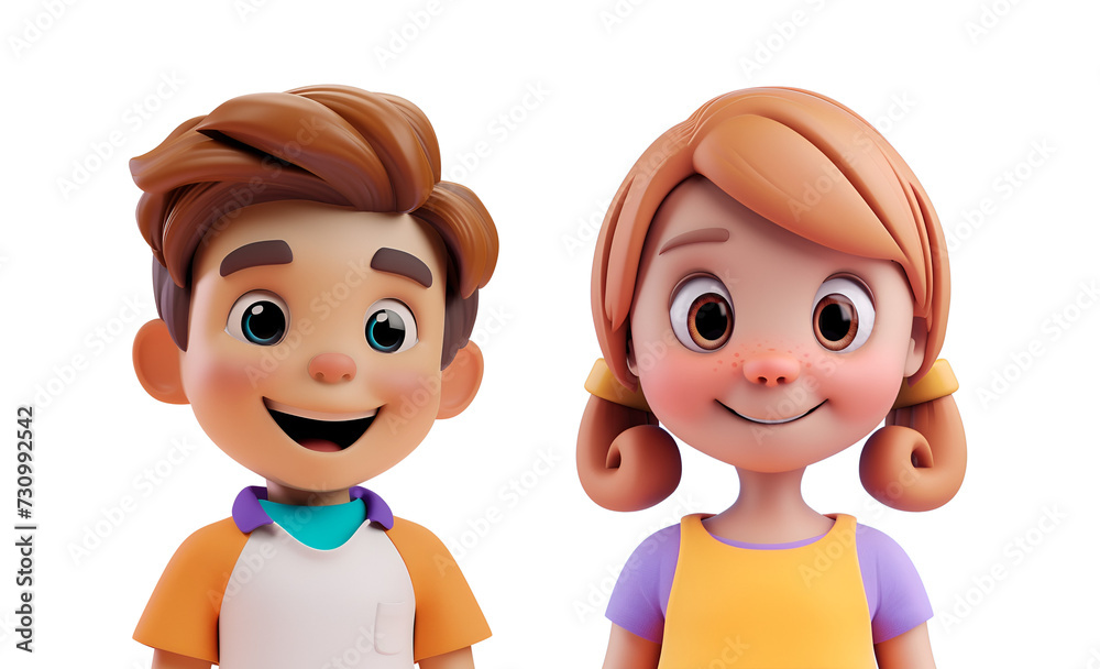 Children Illustration Set of Boy and Girl, Simple 3D Cartoon Render of ...