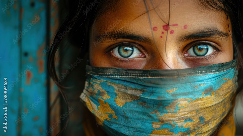 beautiful eyes of a poor homeless girl, a medical mask on her face with ...