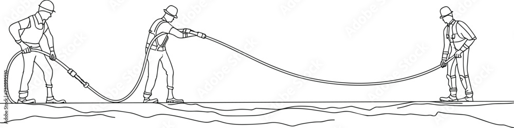 Line drawing of Workers guiding concrete from a mixer truck into a ...