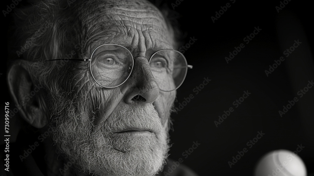 Black and white close-up photo portrait of a sad old man in glasses ...