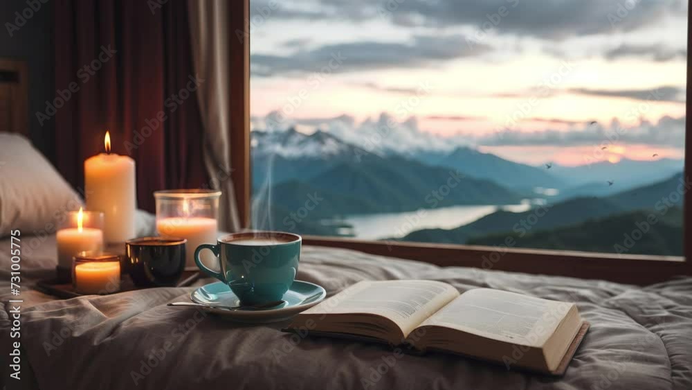 Cozy resort room with candles, book and coffee cup with steam on bed ...