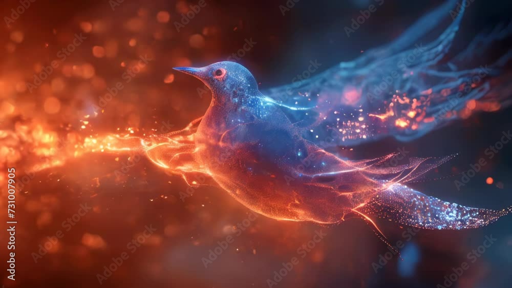 An abstract bird in flight, emitting bright red and blue light. The ...