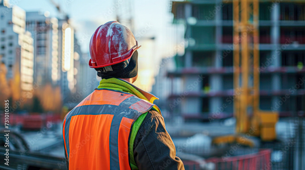 Back view of a construction supervisor in a reflective vest and hard ...