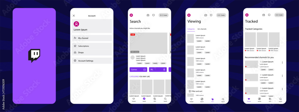 Twitch mobile interface. Twitch screen social media, streaming platform ...