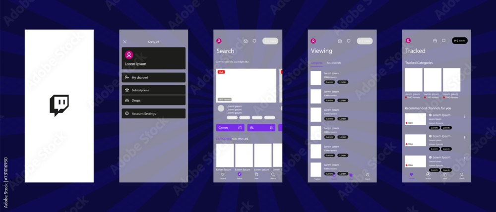 Twitch mobile interface. Twitch screen social media, streaming platform ...