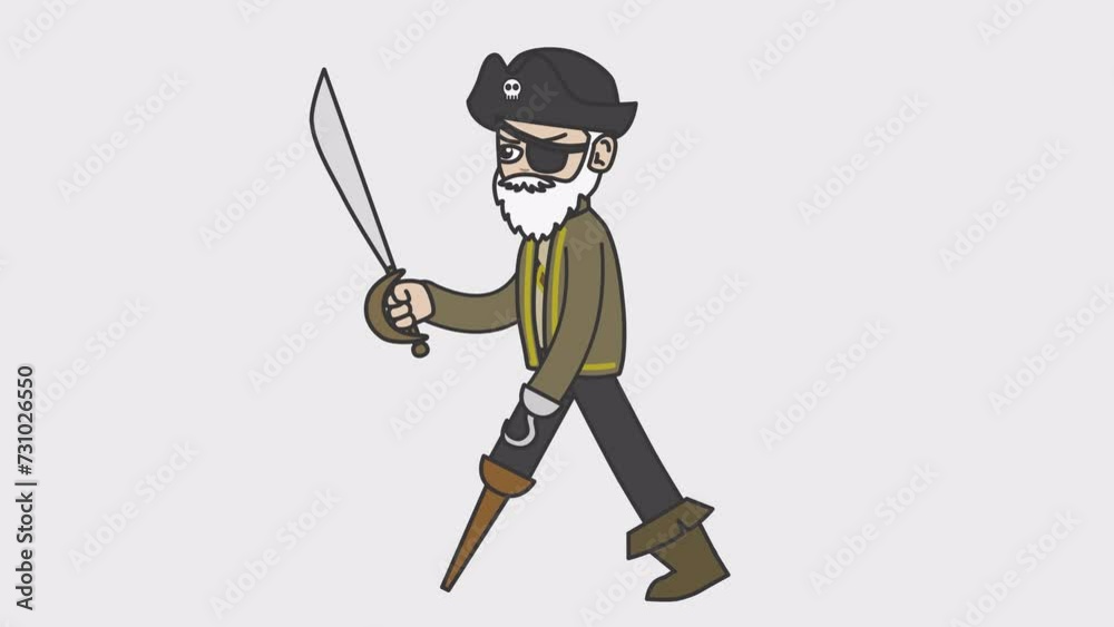 2d animation of walking white male pirate holding a sword. Looped 4K ...