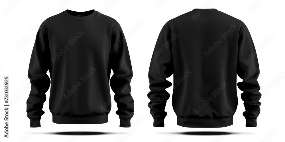 Blank sweater color black template, front and back view on white ...
