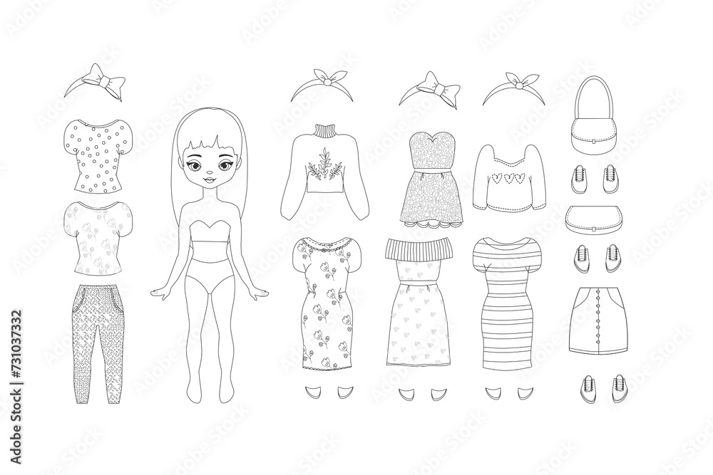 Paper doll clothes. Cute girl with clothes set, collection. Cutouts ...