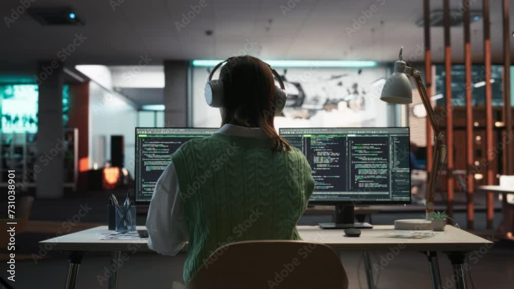 Creative Office: Professional Female Programmer Uses Headphones, Working on Desktop Computer ...