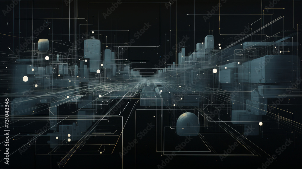 Technical drawing with lines and buildings representing a city in ...