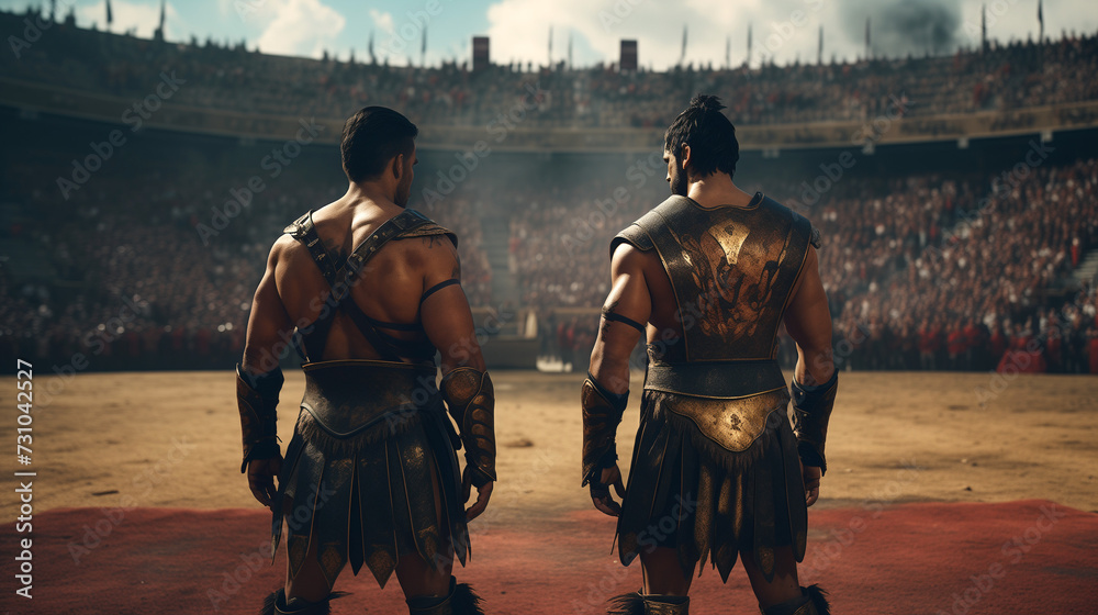Two gladiators stand ready in a sunlit coliseum, surrounded by a ...