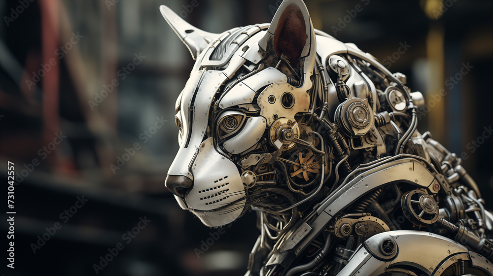 Head of a mechanical cat with electronic components and a white casing ...