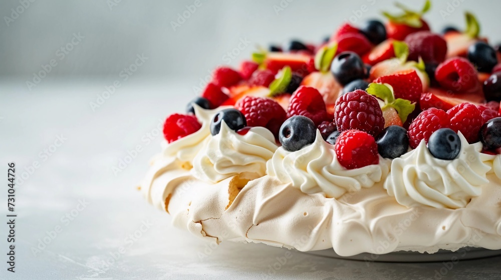 Pavlova, beautifully decorated pavlova topped with fresh berries and ...
