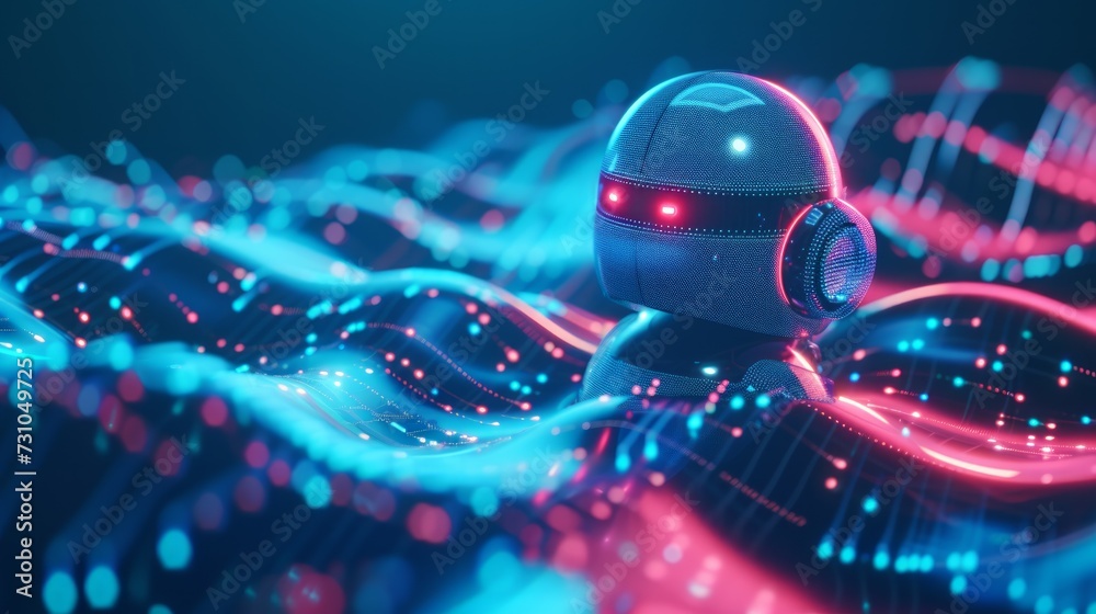 A 3D illustration depicts a chatbot icon set against a digital ...