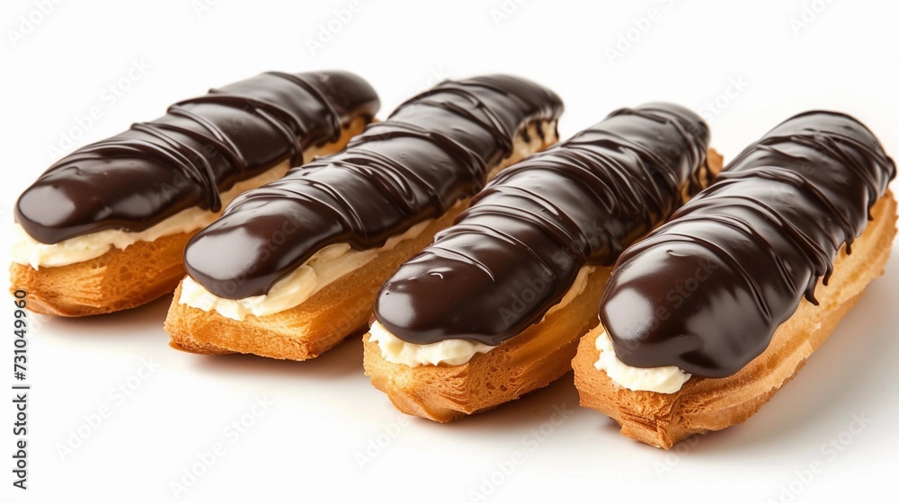 Eclairs, lineup of chocolate-glazed eclairs filled with creamy pastry ...