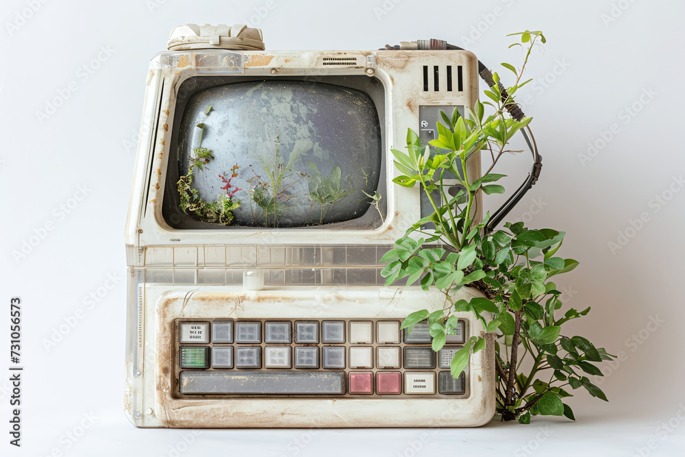 Retro obsolete model of a computer from the 80s with a screen and a ...