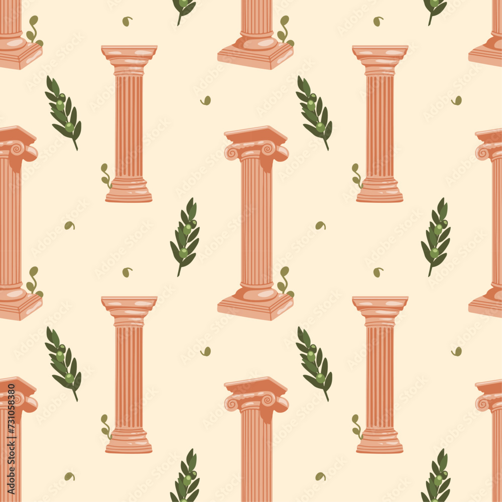 Seamless pattern with Greek motifs. Ancient column with olive elements ...