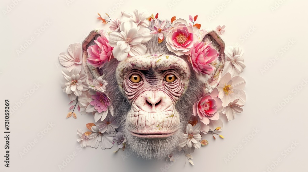 a monkey with flowers on it's head is shown in a white background with ...