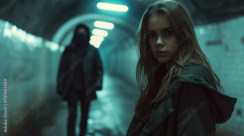 An adult woman is terribly afraid while walking through an underpass ...