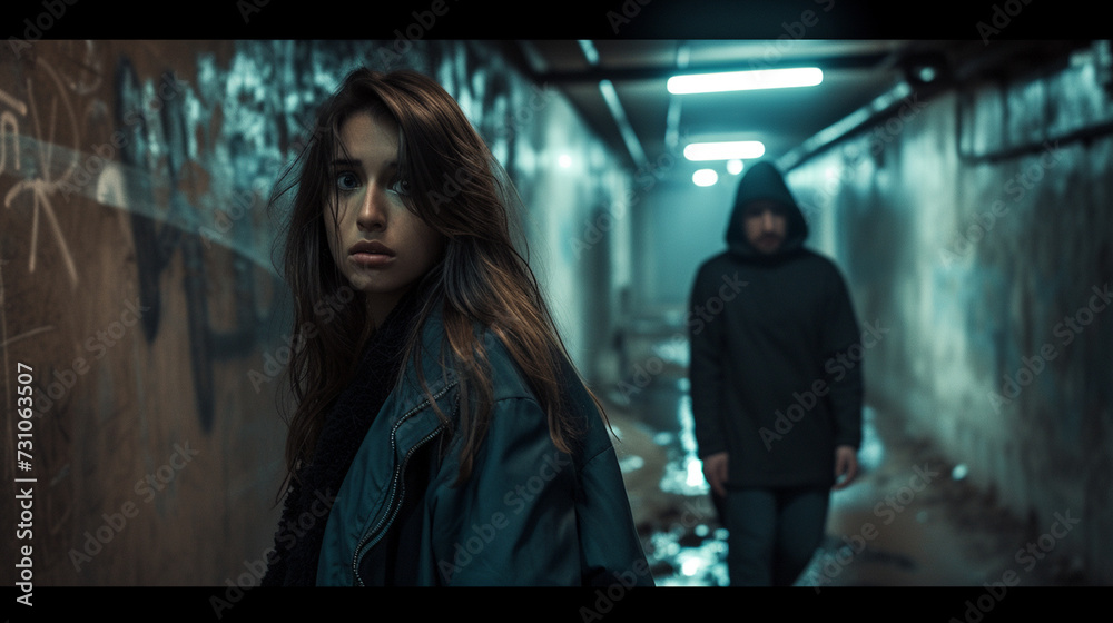 An adult woman is terribly afraid while walking through an underpass ...