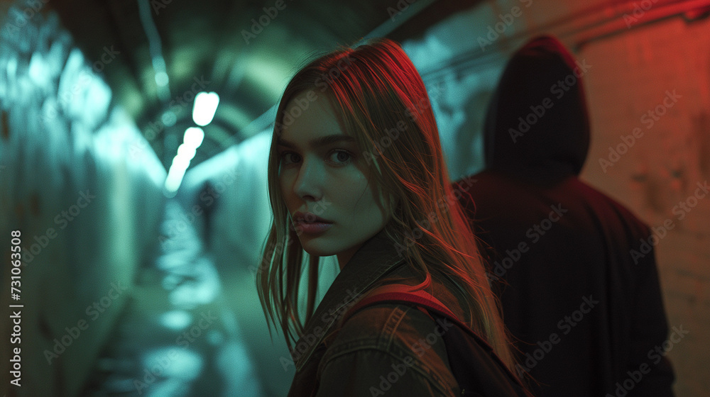 An adult woman is terribly afraid while walking through an underpass ...