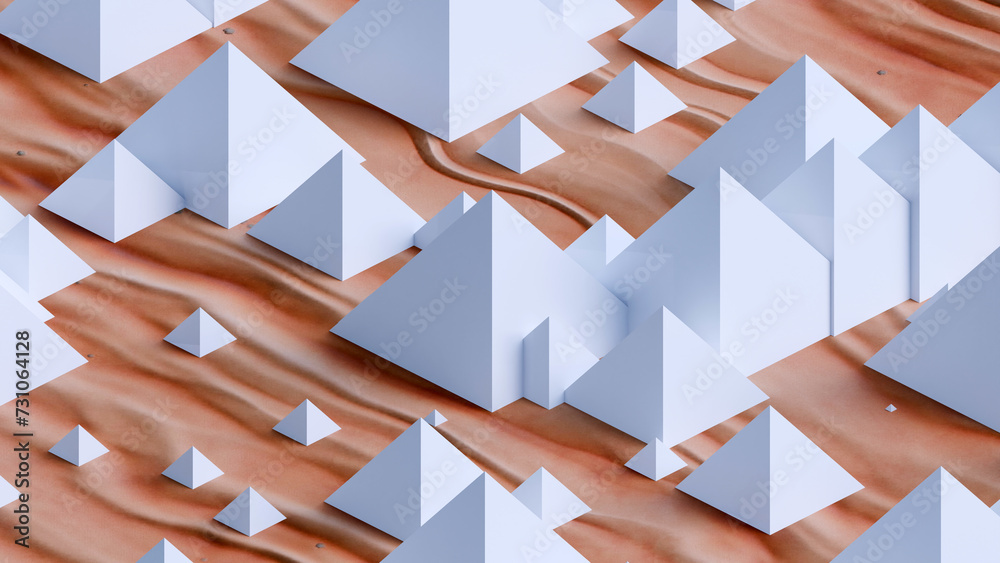 3d render Abstract white triangular pyramid pattern on desert wave ...