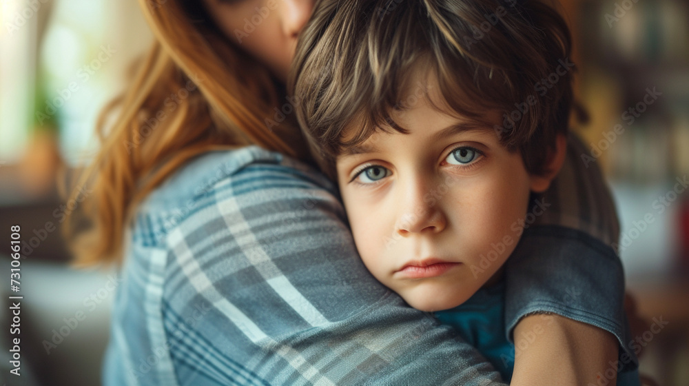 Sad little child, boy, hugging his mother at home Stock Photo | Adobe Stock